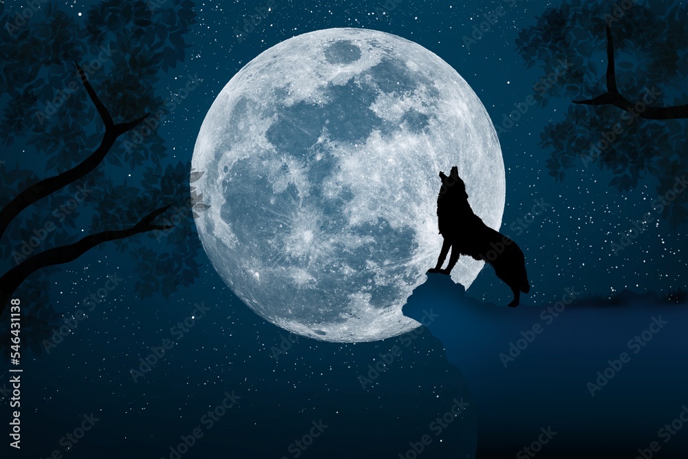 A wolf howling on a night with a full moon and a beautiful sparkling ...