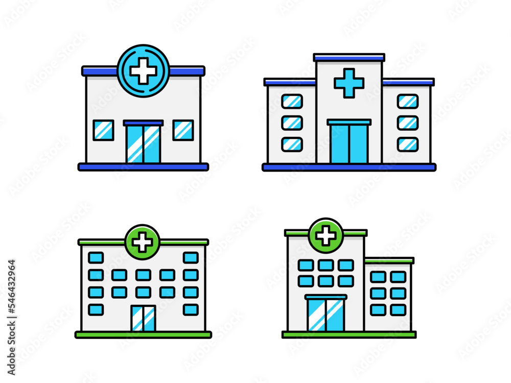 Set of hospital building icons with colorful designs isolated on white ...