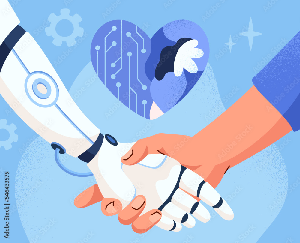 Human and robot concept. Droid and character holding each other hand ...