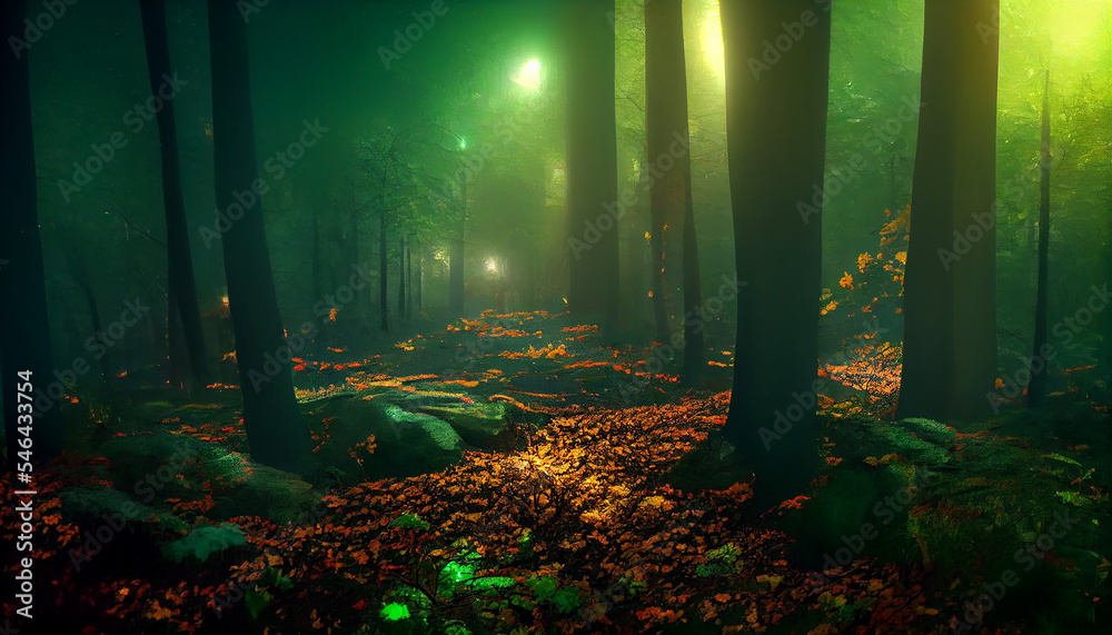 colorful Very beautiful fall forest at night with an epic fall foliage ...