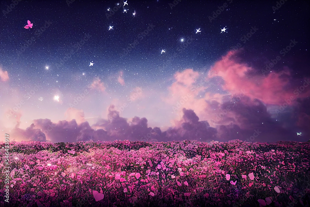 magical night sky with shining stars, clouds and delicate romantic pink ...