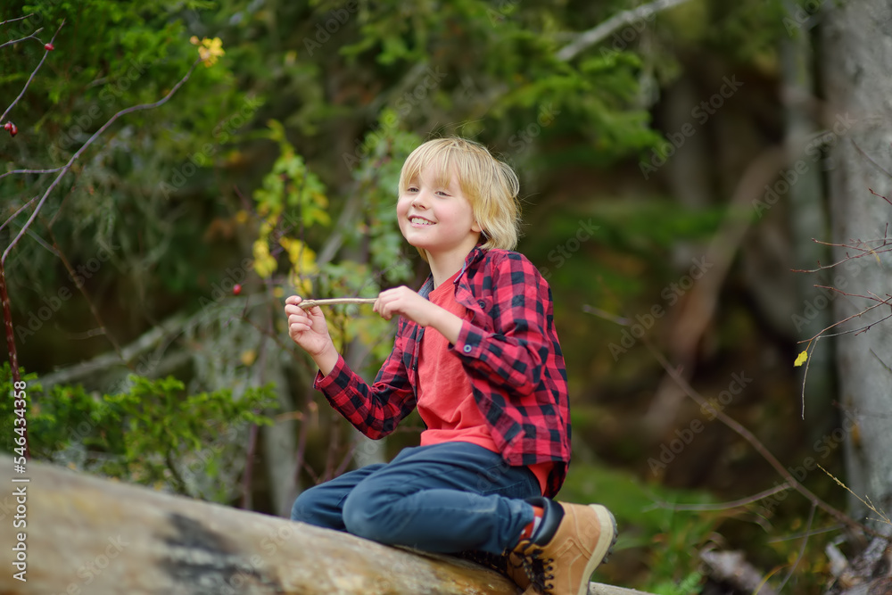 Cheerful school child is hiking and exploring nature in the forest ...