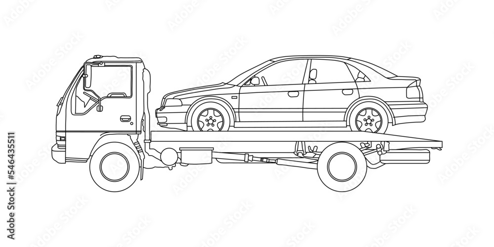 Line drawing tow truck is lifting the broken car to be lifted onto it ...