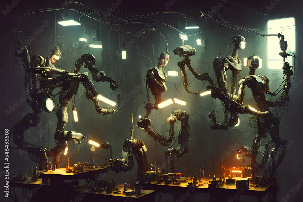 3d abstract render of machines fixing other machines in a workshop of ...