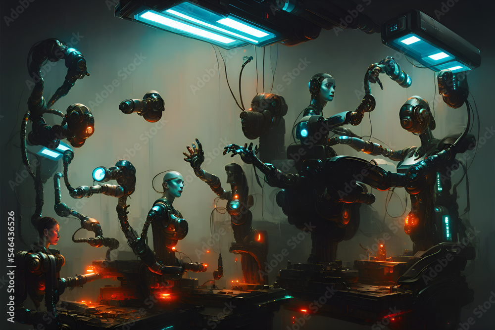 3d abstract render of machines fixing other machines in a workshop of ...