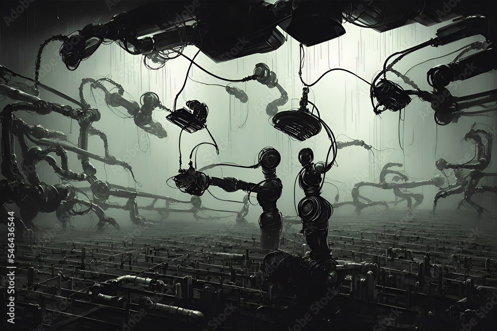 3d abstract render of machines fixing other machines in a workshop of ...