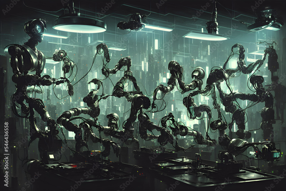 3d abstract render of machines fixing other machines in a workshop of ...