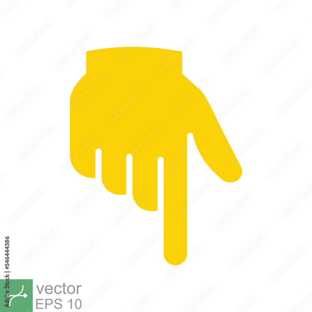 Yellow backhand index pointing down icon. Simple flat style. Hand, down ...