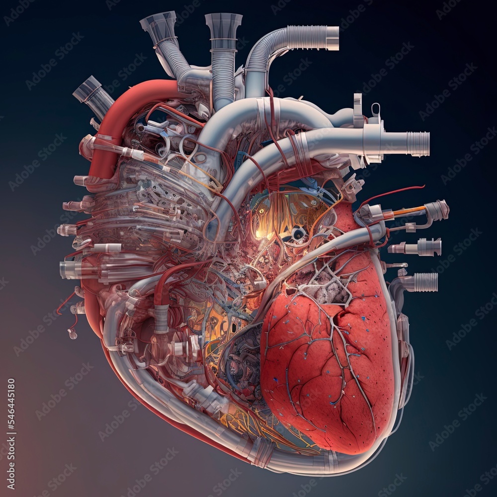 mechanical heart, exploded cutaway infographic of a human heart, octane ...
