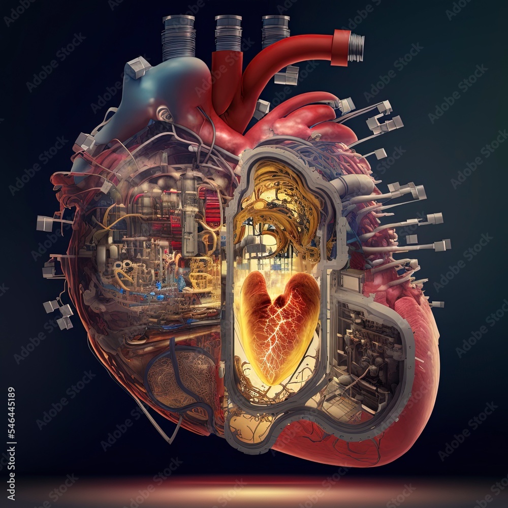 mechanical heart, exploded cutaway infographic of a human heart, octane ...