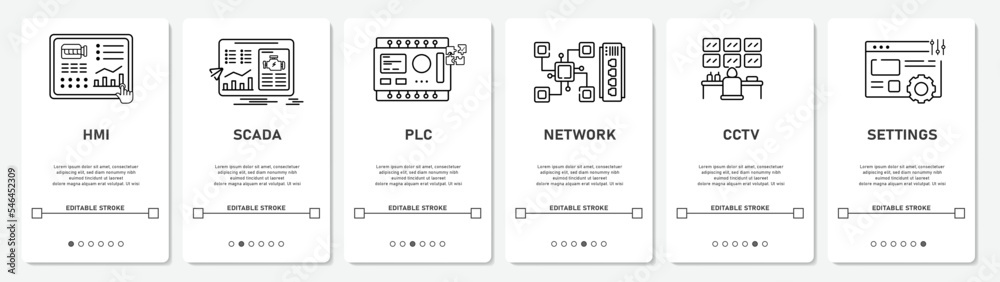 Vetor de UI Development Digital Menu HMI SCADA PLC network monitoring status website mobile app ...
