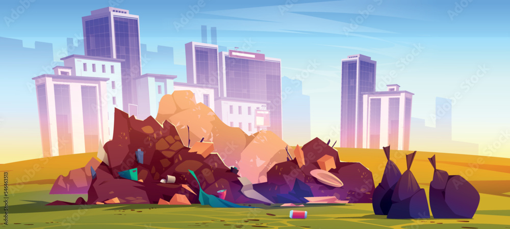 City landfill with pile of garbage and plastic trash. Cartoon vector ...