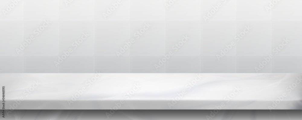 White marble countertop and tile wall. Empty bathroom shelf, kitchen ...