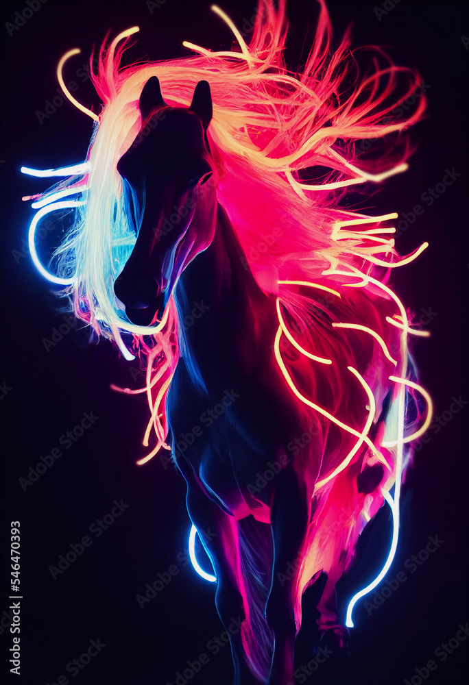 Stylish portrait of a horse in neon light. The horse runs illuminated ...