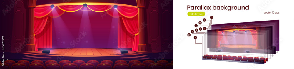Theater hall with wooden stage, red curtains, auditorium chairs ...