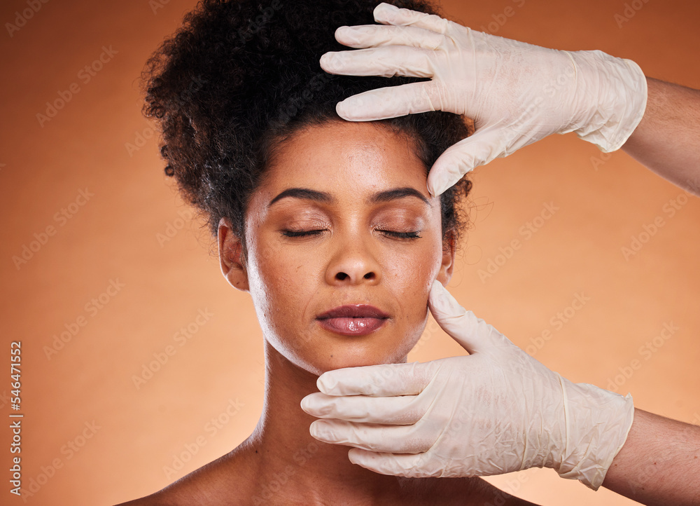 Plastic surgery, cosmetics and black woman in studio with medical hands ...