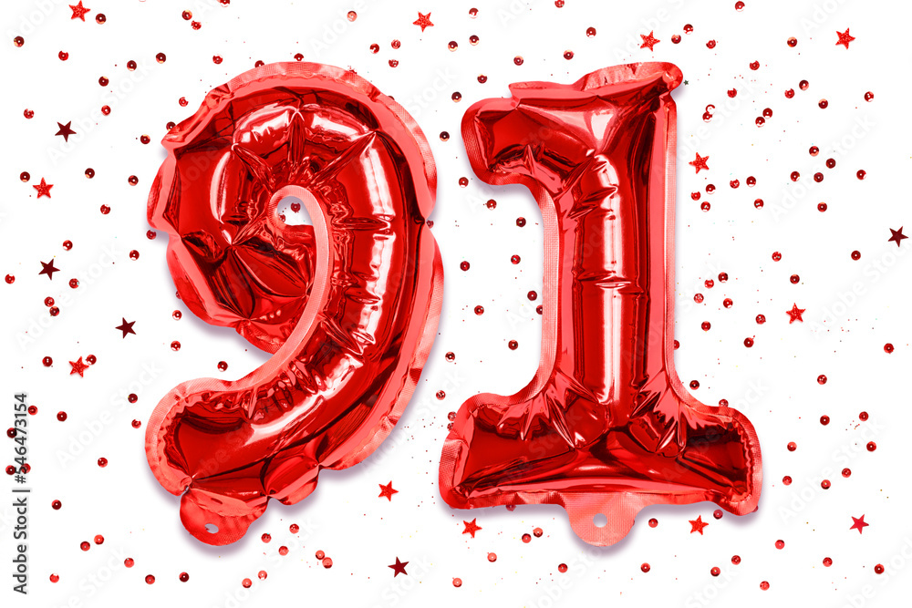 The number of the balloon made of red foil, the number ninety-one on a ...