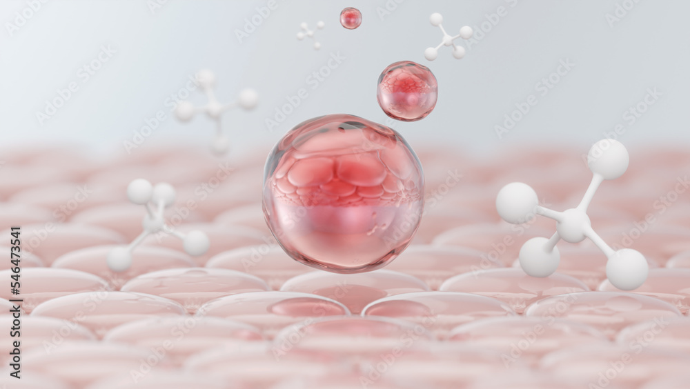 3D pink collagen with molecule symbol on skin cells for skin serum ...