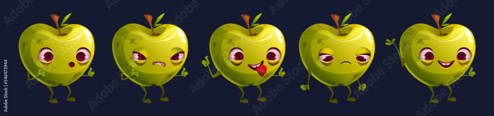 Cute green apple character face emoji set. Cartoon garden fruit facial ...