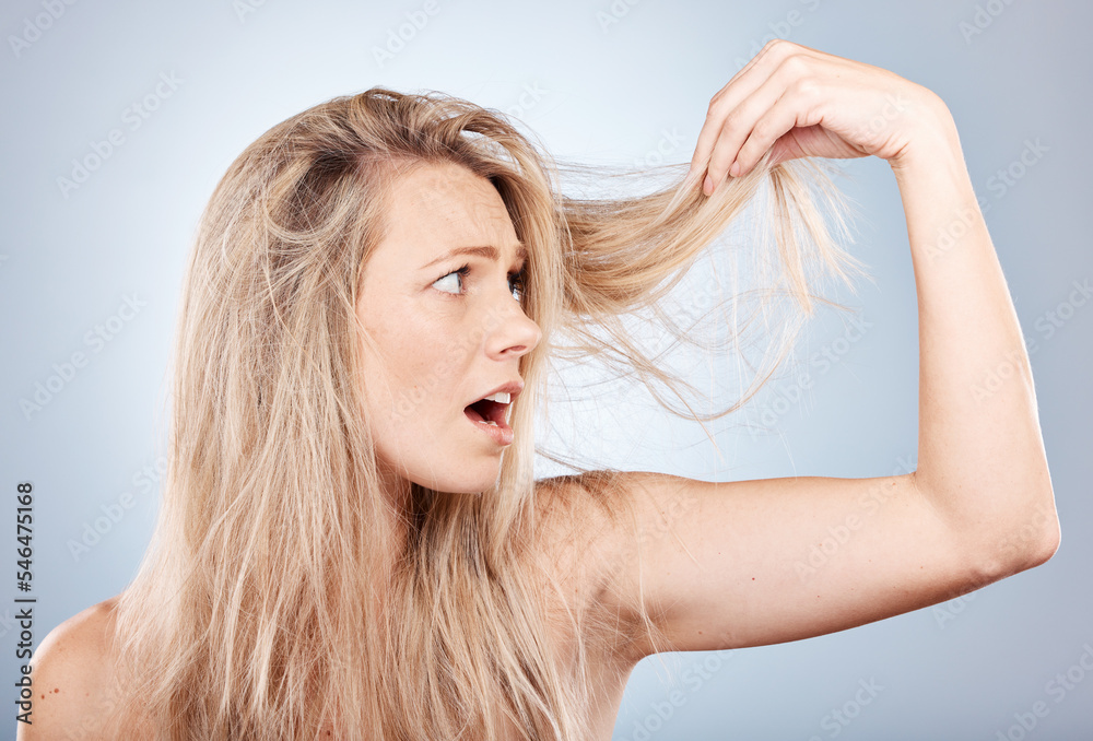 Woman, shocked and hair care health or cosmetics wellness for hair loss ...