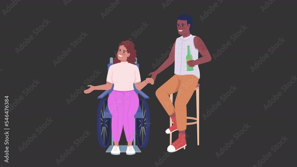 Animated disabled support characters. Lady in wheelchair with friend ...