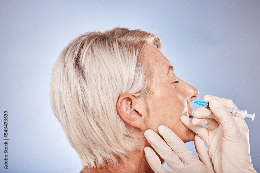 Plastic surgery, senior woman and injection for botox, toned skin and ...