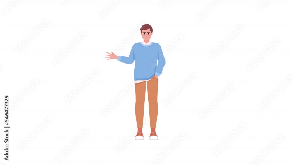 Animated greeting man character. Student waving hand. Full body flat ...
