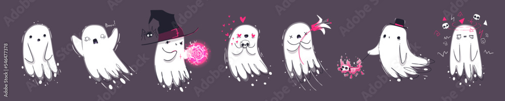 Cute ghosts in witch hat, with flower, skull, scaring, making magic ...