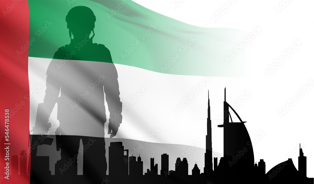 Silhouette of soldier with the flag of UAE on white background. Armed ...