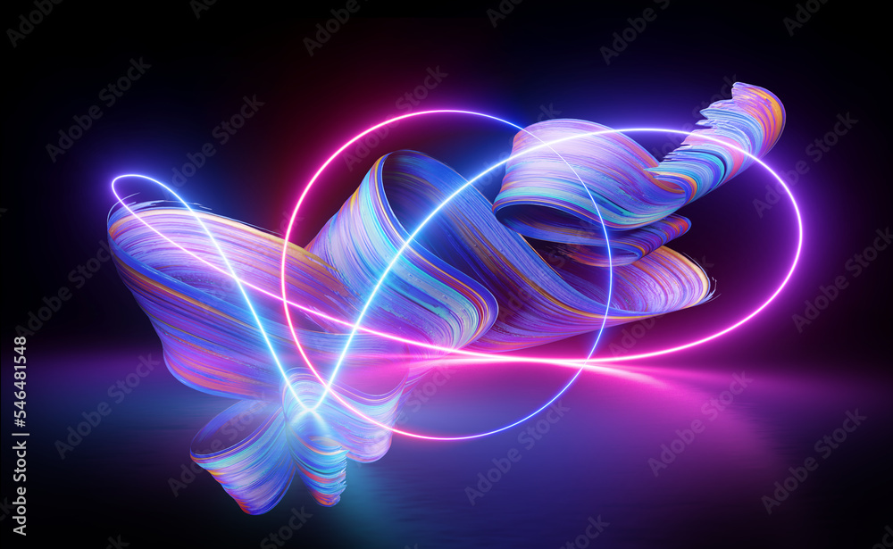3d render, abstract neon background with glowing curvy lines, vivid ...