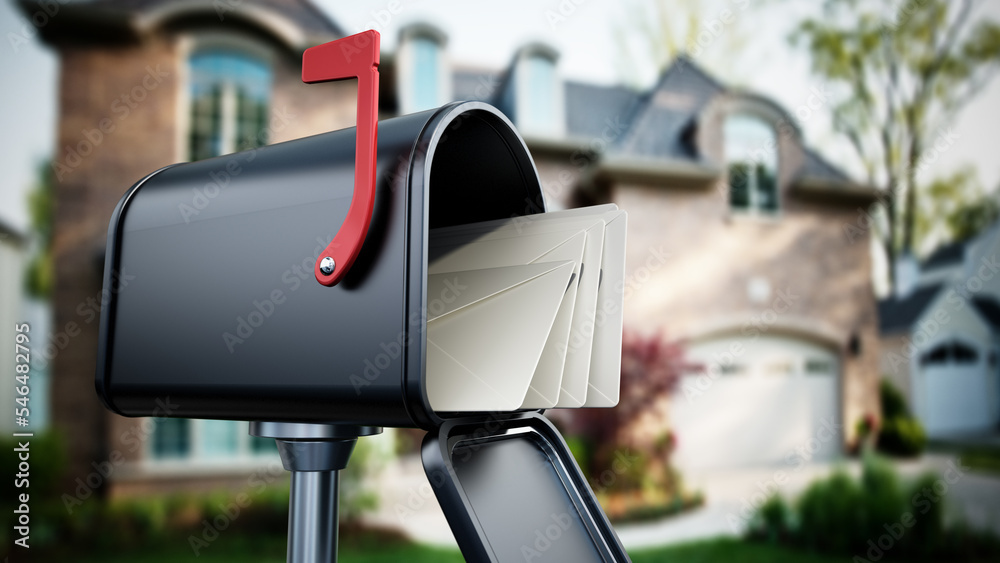 Open mailbox with letters standing outside the luxury home. 3D ...
