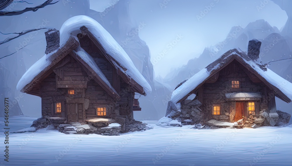 Photo & Art Print Small wooden house built inside a snowy cave with ...