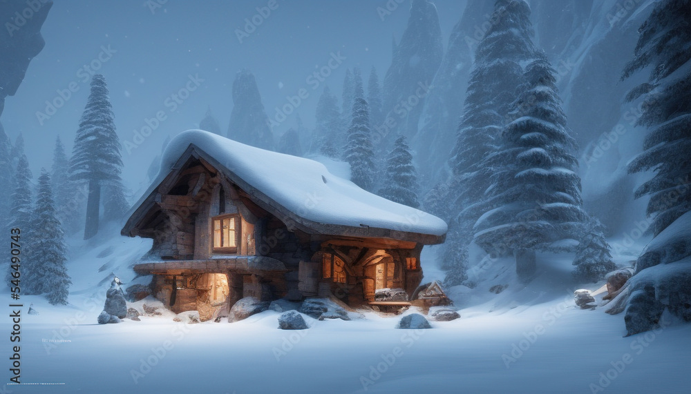 Photo & Art Print Small wooden house built inside a snowy cave with ...