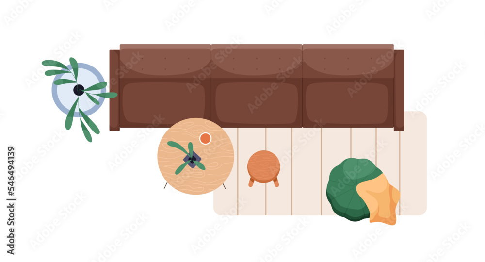 Sofa and coffee table, top view. Living room interior design with ...