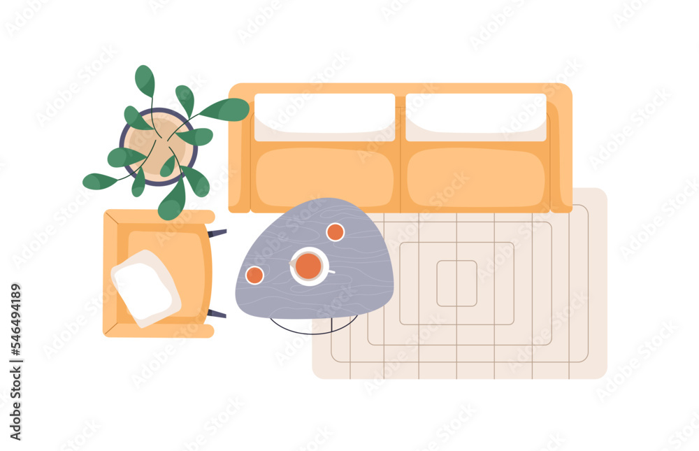 Overhead living room interior design. Sofa, armchair, cushions, coffee ...