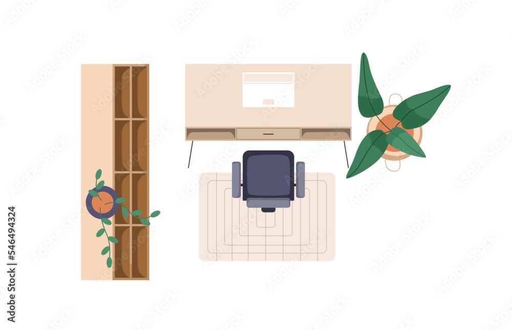 Workplace, desk and office chair, top view. Work table, laptop computer ...