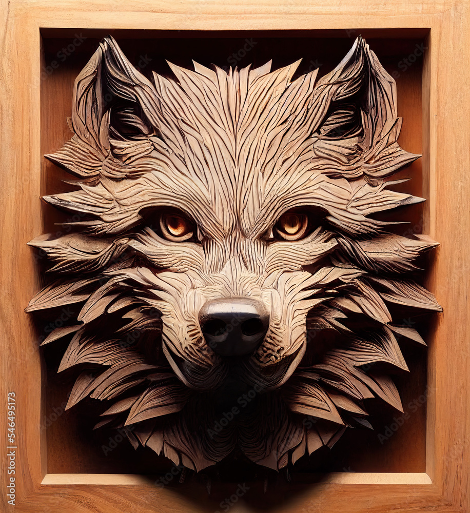 Wooden Wolf Dog Sculpture Engrave. Fierce Ancient White Wolf Logo ...