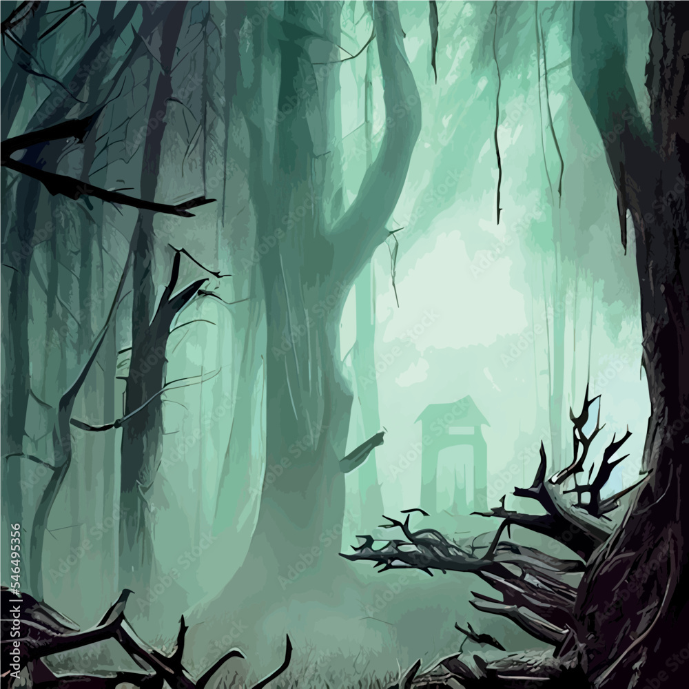 Vector cryptic illustration with house, forests with blue fog ...