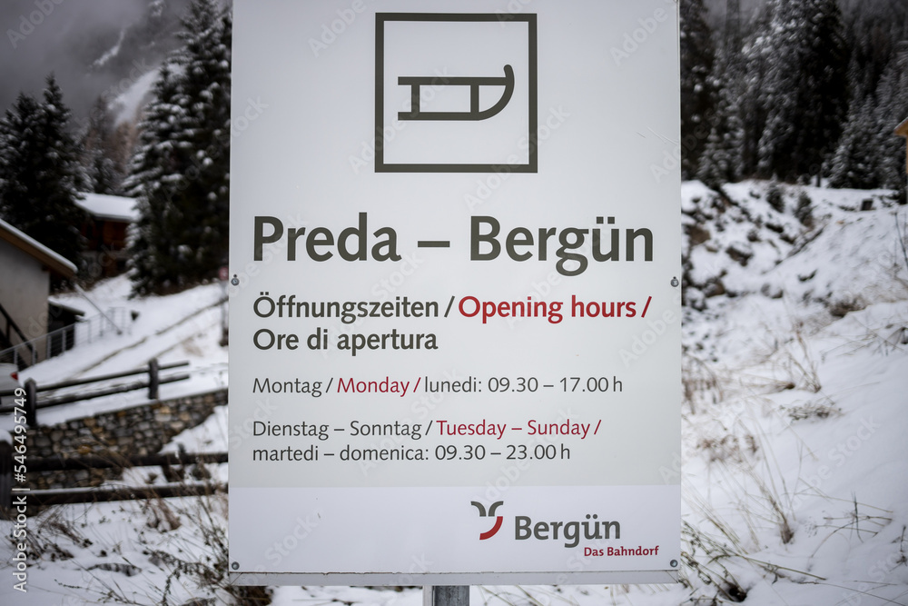 preda, Graubuenden,switzerland - 05 11 2022: a sign of the famous ...