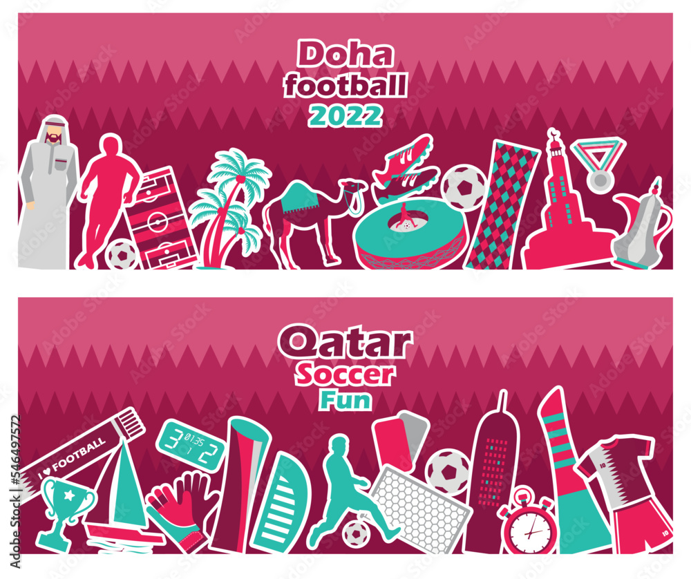 Football sports competition, Qatar tourist icon set on banners. Doha ...