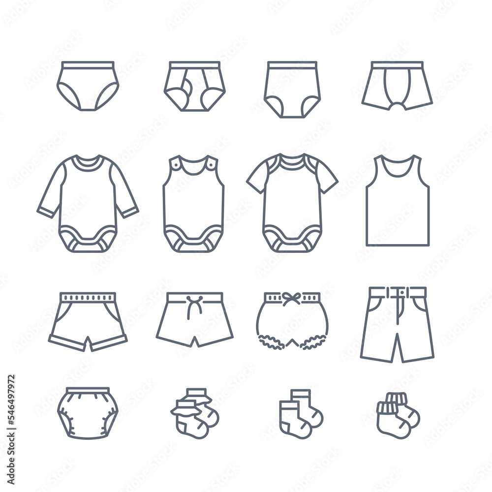 Baby cloth thin line icons. Simple linear pictograms of kids clothing ...