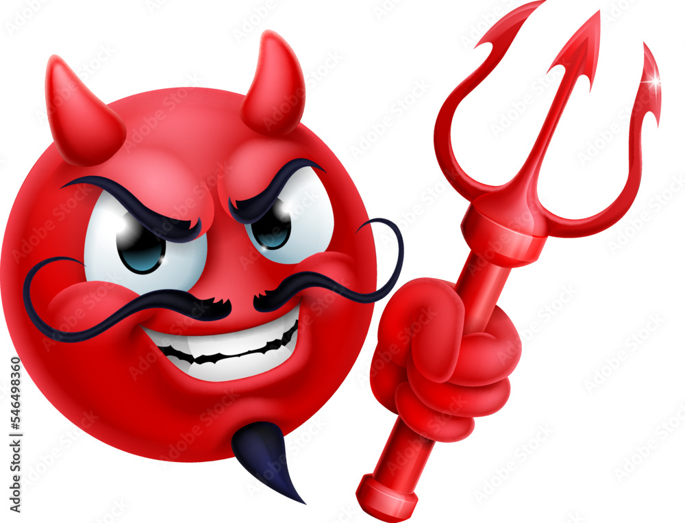 A red devil or satan emoji emoticon man face holding a trident ...