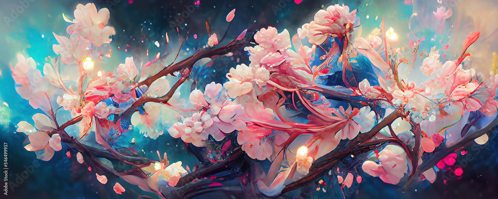 beautiful fantasy magical floral background with colorful lights as ...