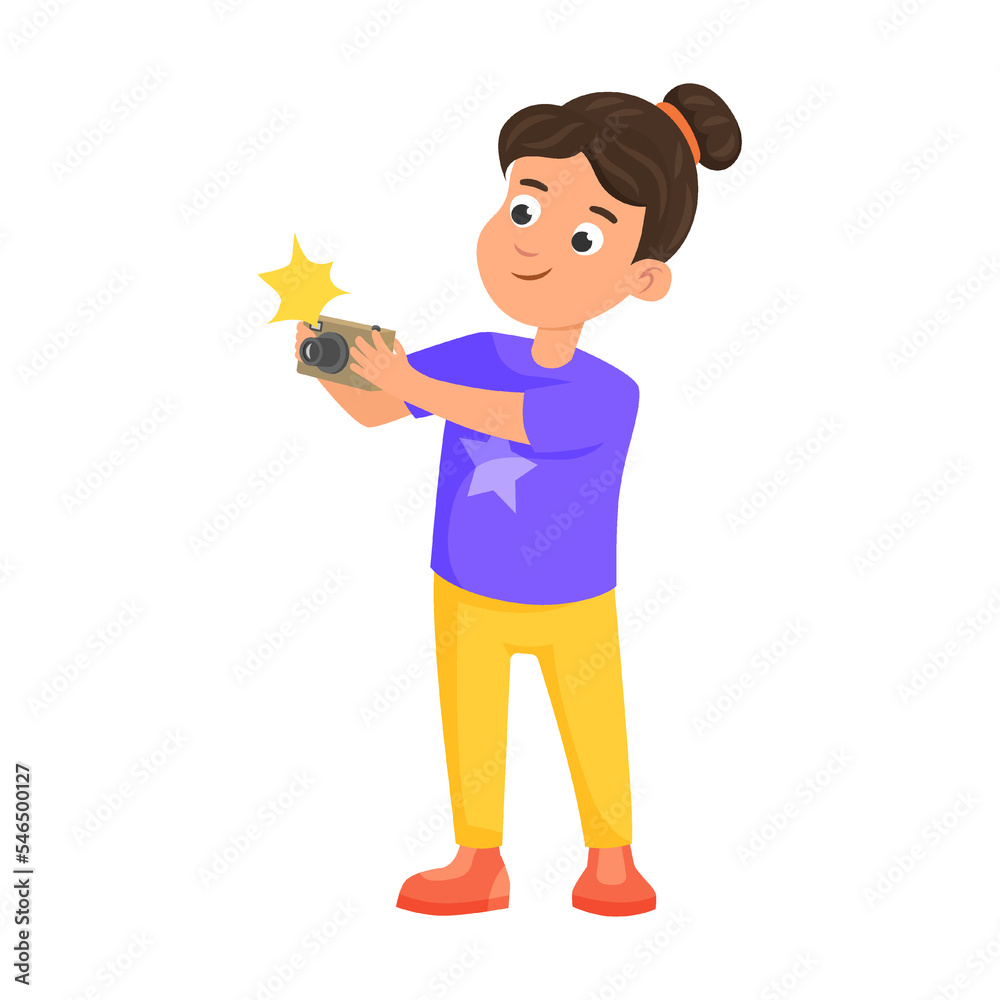 girl taking pictures with digital camera. Hobbie and activitie of kids ...