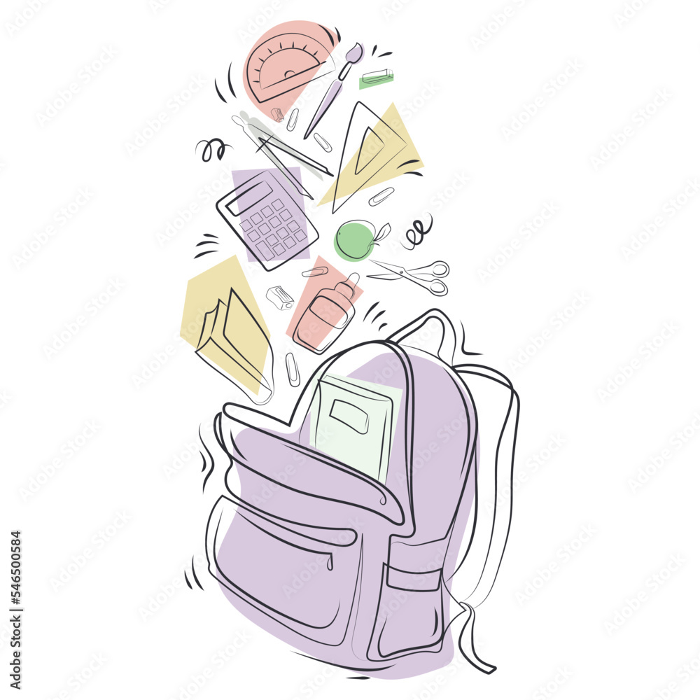 Open school backpack full of stationery and school supplies flying out ...