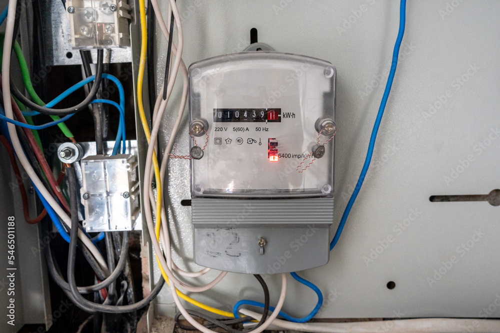 Electric meter with a lot of wires. Residential. Repair. Bills Stock ...