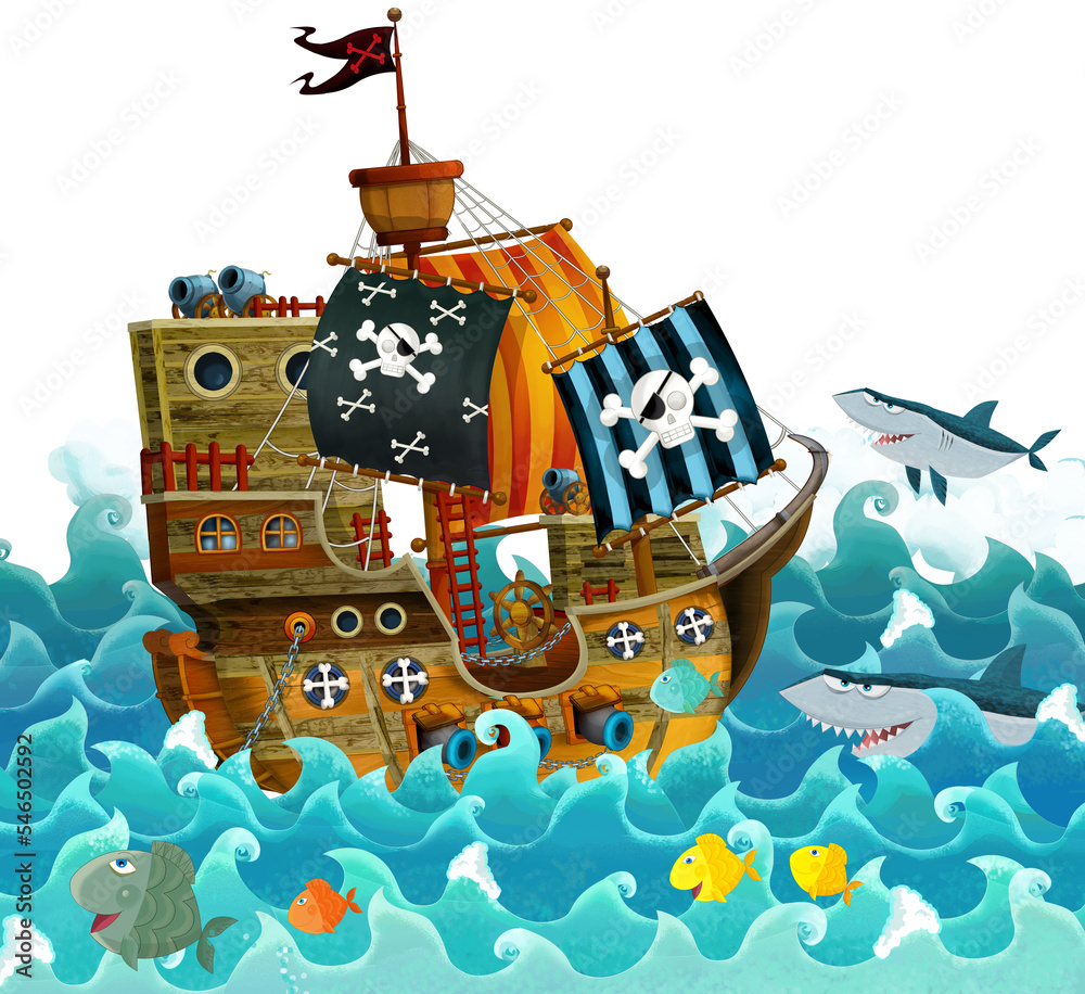 cartoon scene with pirate ship sailing through the seas - illustration ...