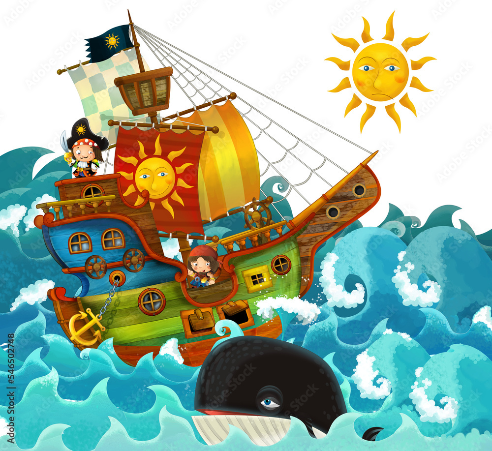 cartoon scene with pirate ship sailing through the seas - illustration ...