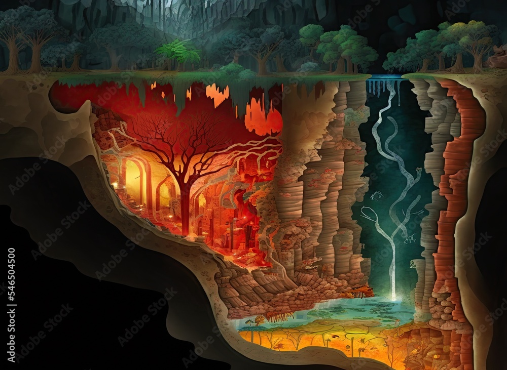 A cross-section cutaway of the earth's crust, showing a sci-fi ...