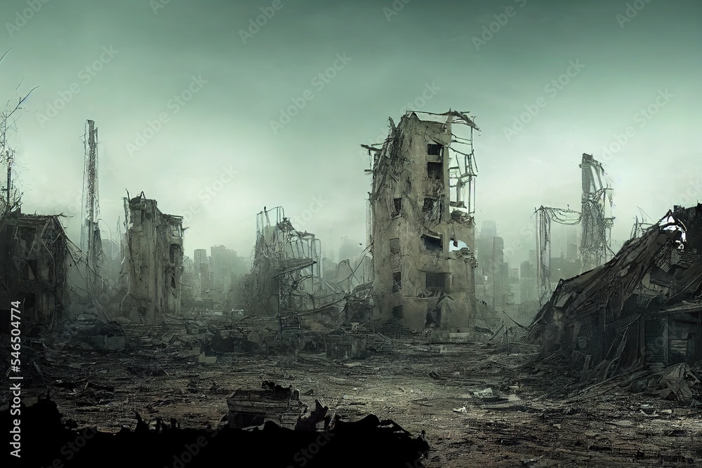 Empty post apocalyptic city landscape. Digital painting of building in ...